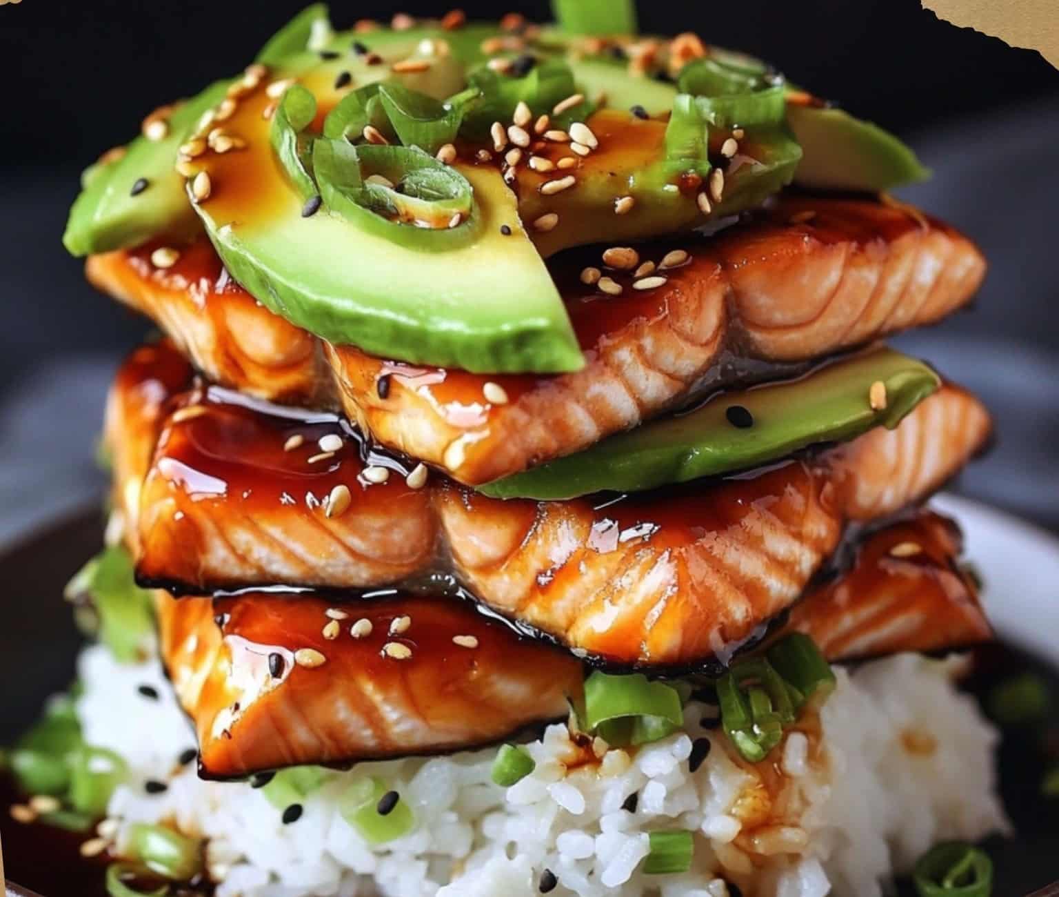 Teriyaki Salmon Avocado Rice Stack - Recipe Delice